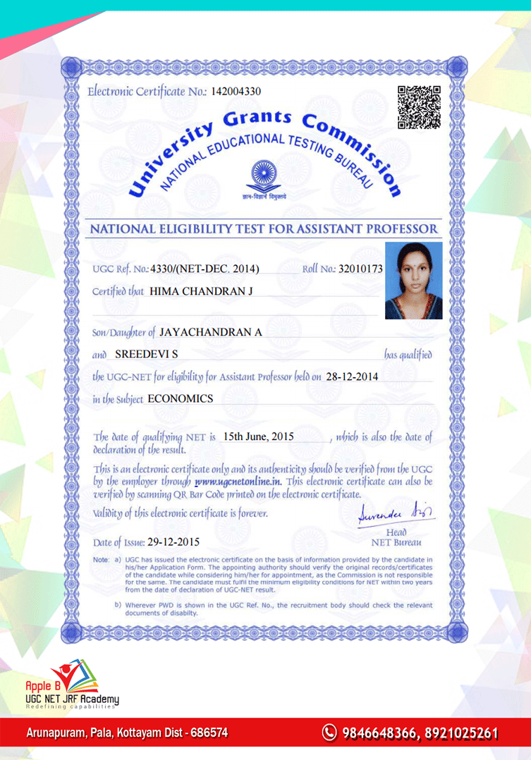 2015 - 2016 E - Certificates - Apple B UGC NET JRF Academy